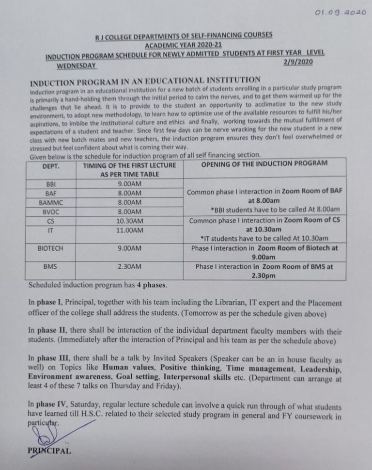 Induction Program schedule for FYBSC IT/FYBSC CS/FYBSC Biotech/FYBBI ...